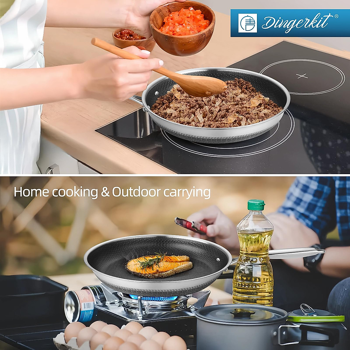 Dingerkit Frying Pans Nonstick, 11” Hybrid Stainless Steel Non Stick Frying Pans for Kitchen and Camping - Nonstick Cookware - Dishwasher and Oven Safe Skillet for Induction Gas Ceramic.