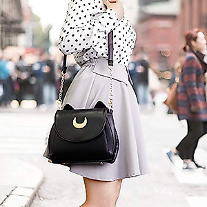 Oct17 Moon Luna Design Purse Kitty Cat satchel shoulder bag Designer Women Handbag Tote PU Leather Girls Teens School Sailer Style (Black)