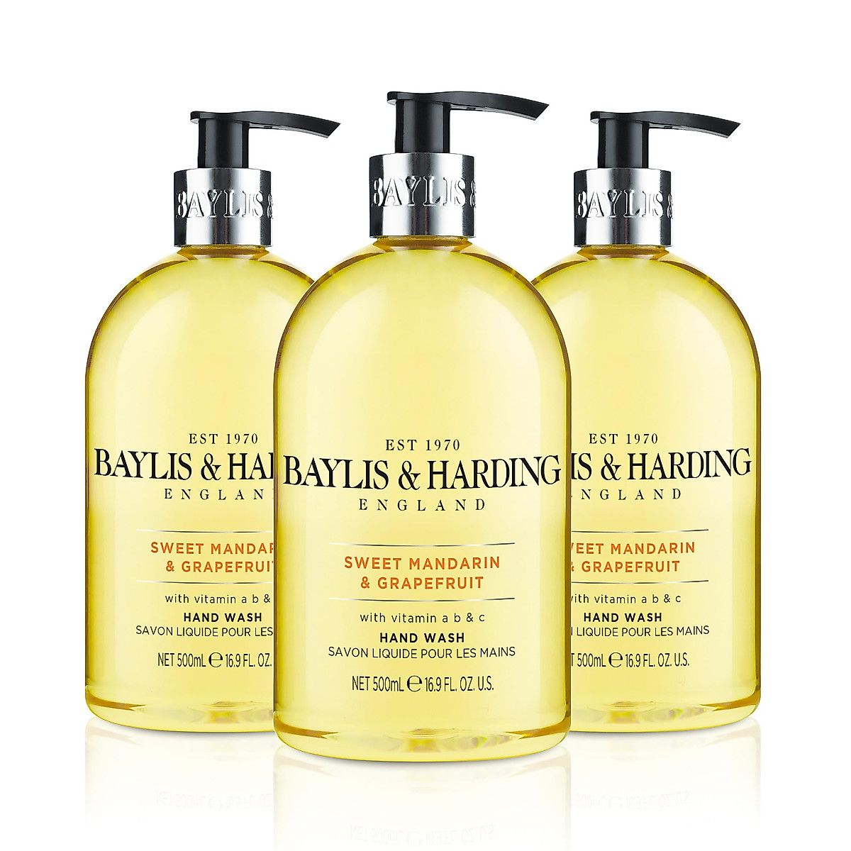 Baylis & Harding Liquid Hand Soap Wash with Dispenser, Sweet Mandarin & Grapefruit, 16.9oz/500ml (3-Pack)