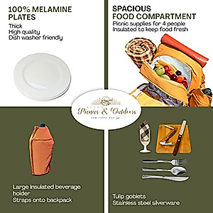 Picnic Backpack - Canvas and Faux Leather Picnic Backpack for 4 – Insulated Picnic Basket for 4 and Picnic Set - Picnic Basket w/a Fleece Picnic Blanket, Dinner Plates and Cutlery Set