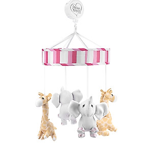 Precious Moments Noah’s Ark Baby Musical Crib Mobile for Girls with Soft Lullaby; Baby Elephant and Giraffe Safari Nursery Décor; Bright and Light Pink, Gray and White Baby Mobile Crib Toy with Music