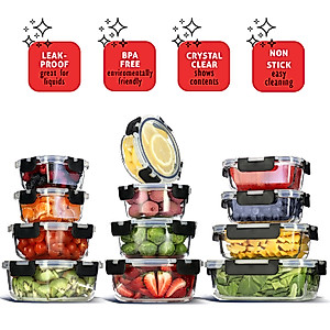 Nestl 24pc (12 Airtight, Freezer Safe Food Storage Containers and 12 Lids), Pantry Kitchen Storage Containers, Glass Meal Prep Container for Lunch, Glass Storage Containers with Lids Black
