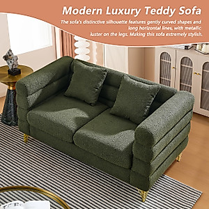 mikibama Luxury Teddy Sofa Set for Living Room, Modern Decor Furniture Sectional Sofa, 3 Seater Couch and Loveseat with 5 Pillows for Apartment, Office, Hall (Green)