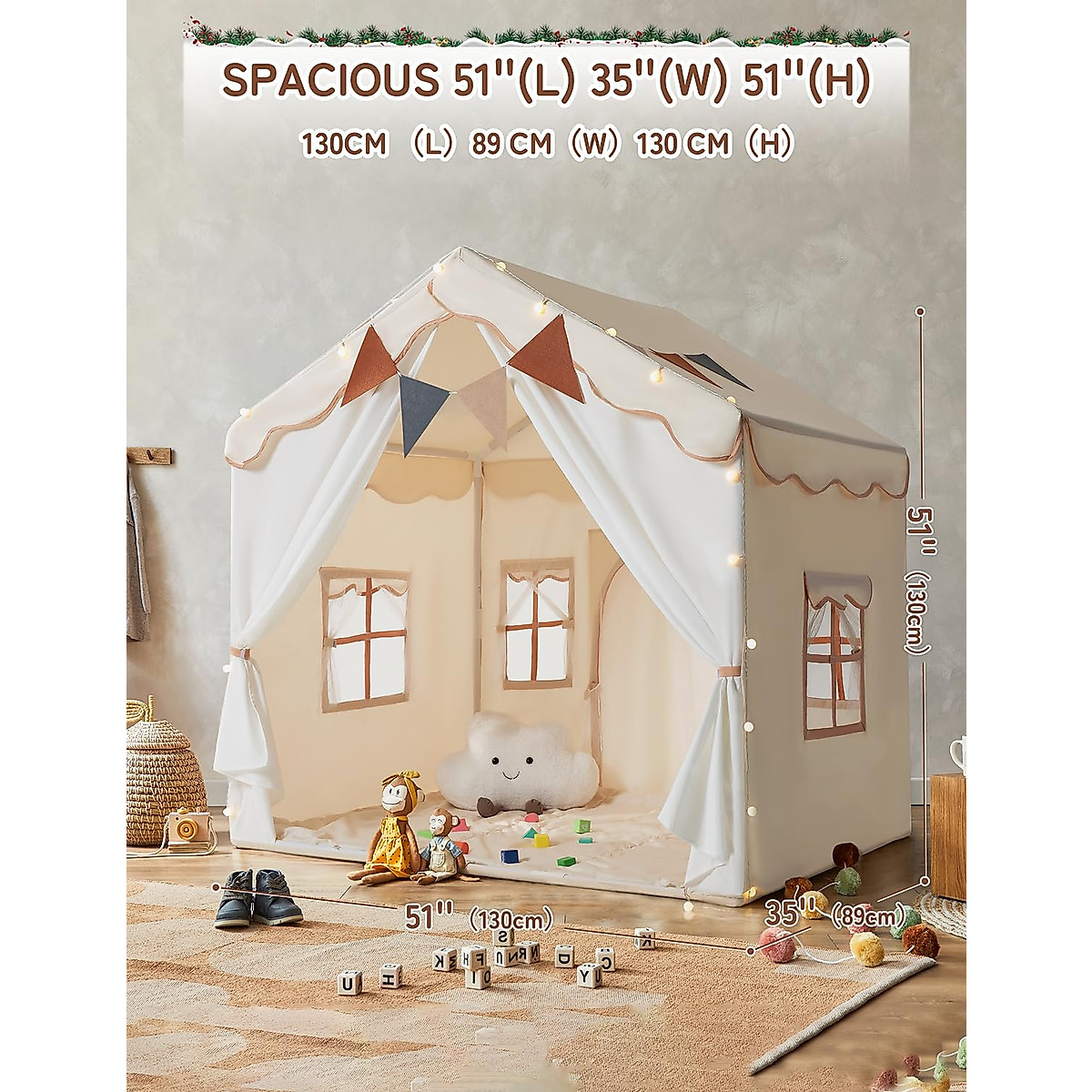 besrey Kids Tent, Kids Playhouse 2 in 1 with Padded Mat and Lights, Large Play Tent with 2 Doors & 4 Windows, Kids Play Tent Indoor & Outdoor, Christmas Toddler Tent for Kids, 51" x35" x 51"