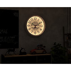 Abdurey Night Light Wall Clock, 12" White Retro-Vintage Style, Silent Battery Operated, Sound Control Sensor Lighted Wall Clocks, for Bedroom, Living Room, Farmhouse (Tree of Life Warm Light)