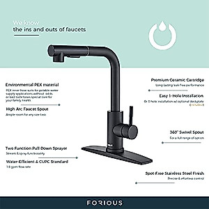 FORIOUS Matte Black Kitchen Faucets with Pull Down Sprayer, Single Handle Kitchen Sink Faucet with Pull Out Sprayer