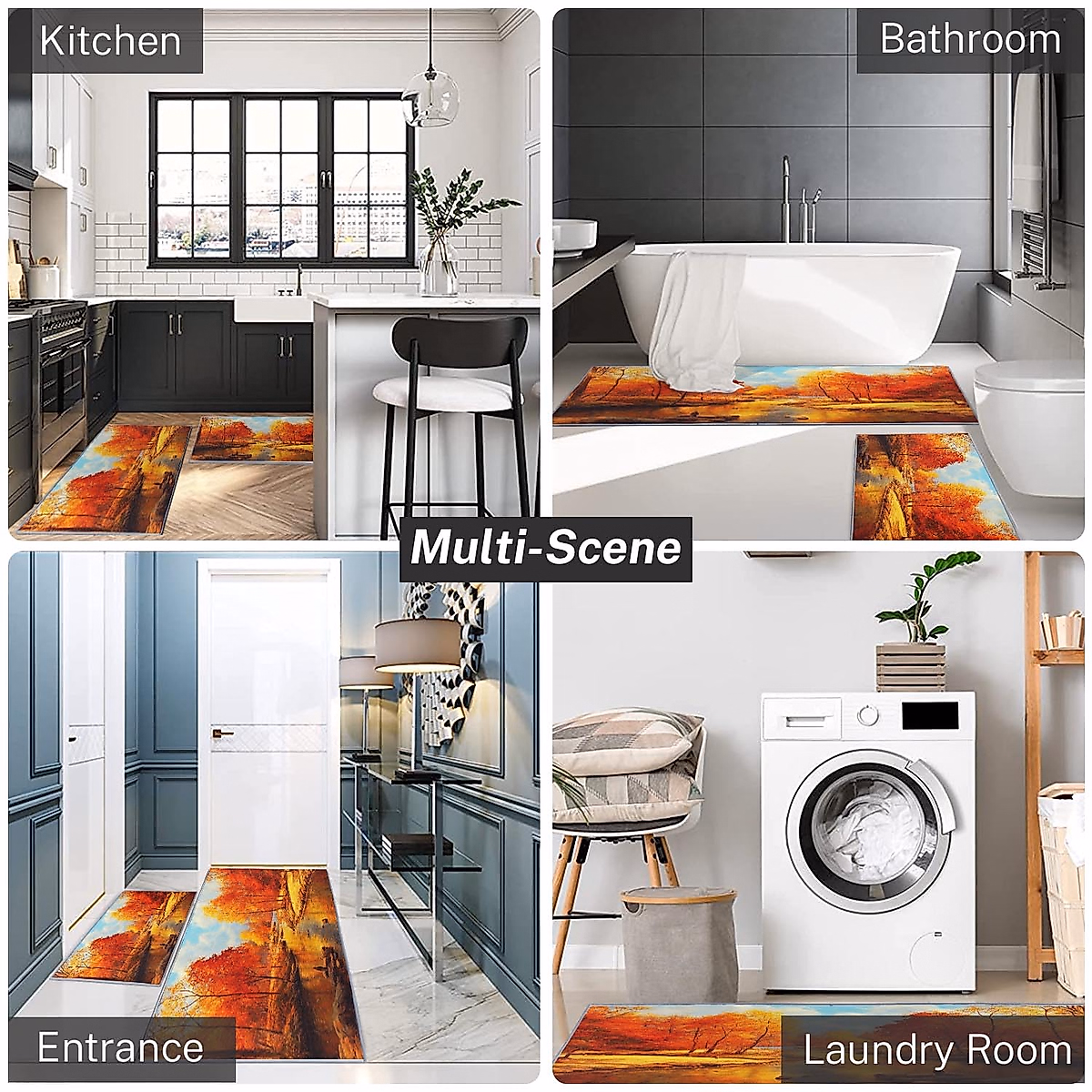 ArtSocket Autumn Kitchen Rugs and Mats Non Skid Washable Set of 2, Orange Red Fall Kitchen Runner Rug, Golden Trees Harvest Maple Kitchen Floor Mat Under Sink Mat Throw Rug for Doormat