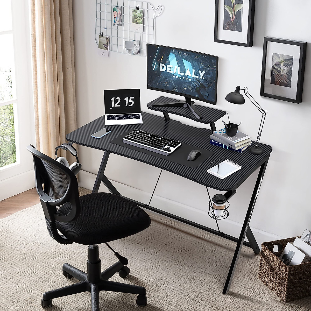 DEILALY 45IN Gaming Desk Gamer Table Carbon Fiber Surface Computer Table Gamer Desk with Monitor Shelf Office Home Study Desk Work PC Table Steel Legs Corner Desk Black