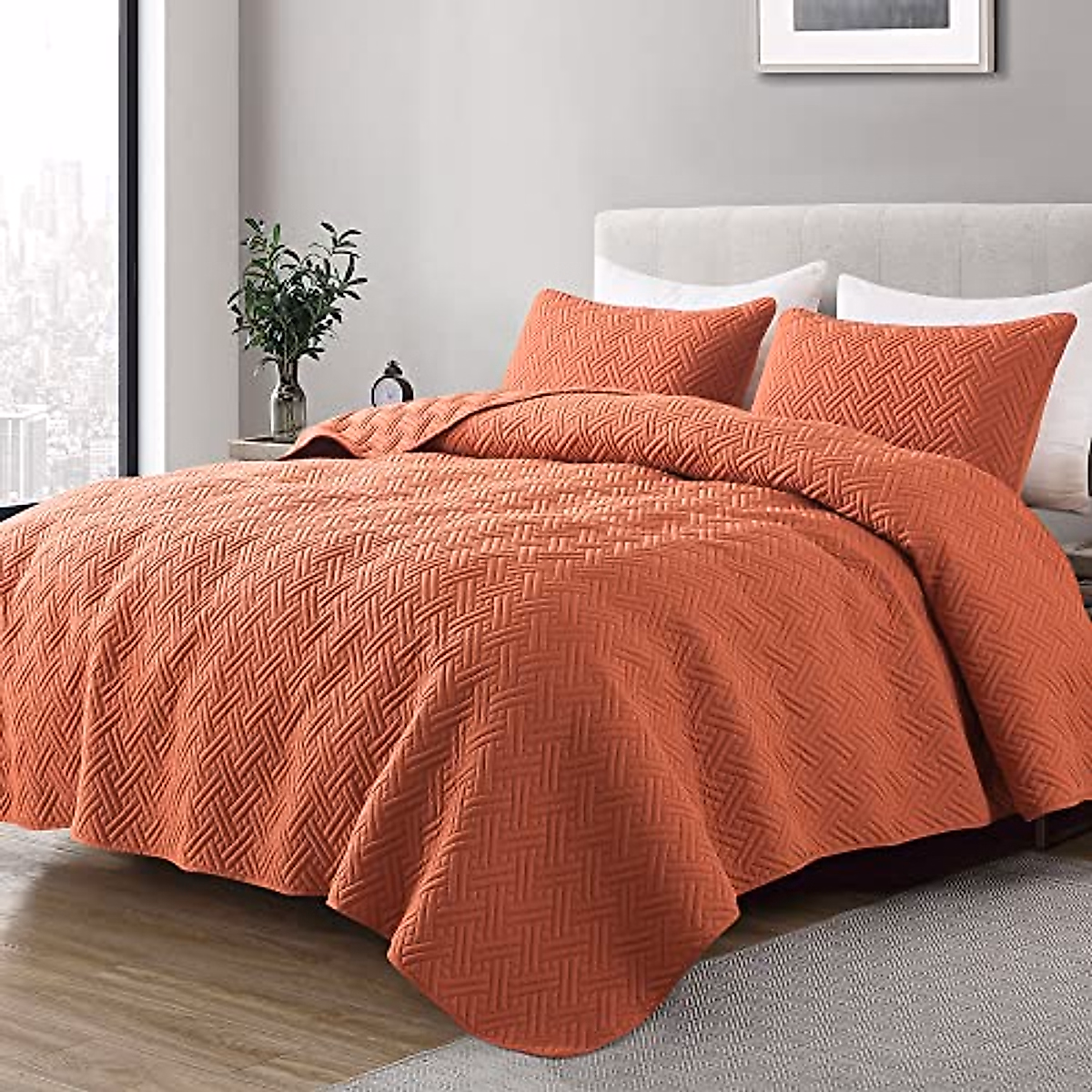 Burnt Orange Quilts Queen Size Bedding Sets with Pillow Shams, Red Lightweight Soft Bedspread Coverlet, Quilted Blanket Thin Comforter Bed Cover, All Season Summer Spring, 3 Pieces, 90x90 inches