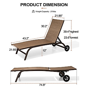 Crestlive Products Outdoor Chaise Lounge Chairs with Wheels Set of 3, Pool Lounge Chairs with 5 Adjustable Position for Patio, Poolside, Yard, Brown