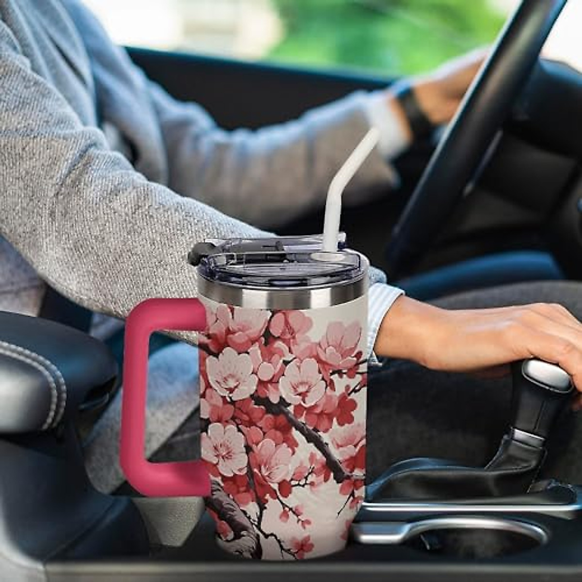 40 Oz Vacuum Tumbler with Light Rose Red Handle Leakproof Insulated Tumbler Japanese Floral Cherry Blossom Stainless Steel Travel Mug with Lid And Straw Coffee Cup Cute Water Bottles Cup Holder Friend