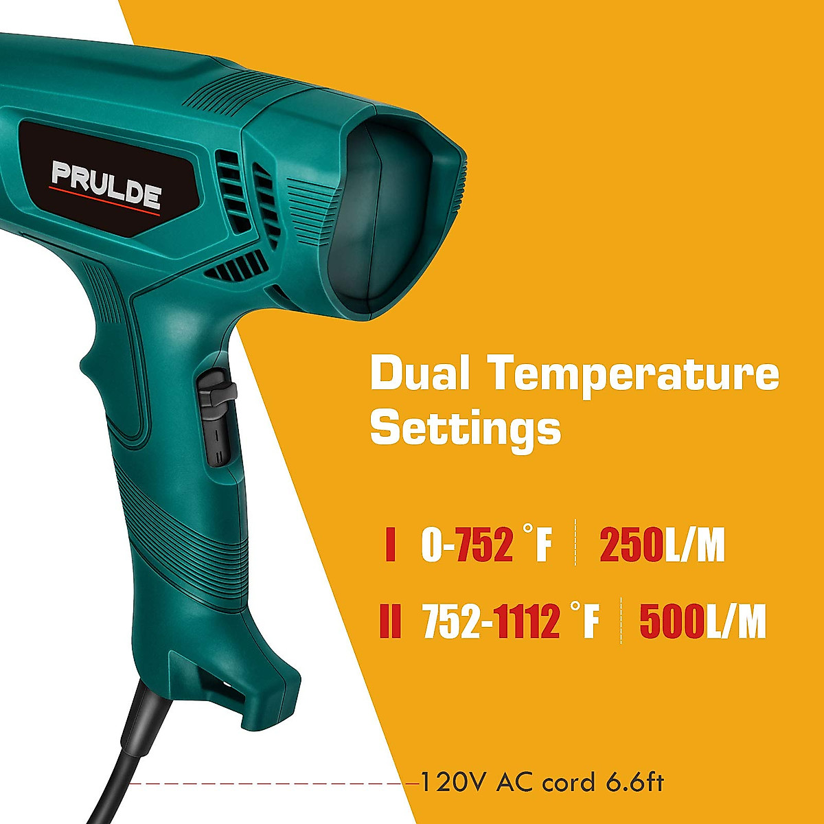 PRULDE Heat Gun, Dual Temperature Settings 752℉-1112℉Hot Air Gun Kit with 4 Nozzles for Crafts, Shrink Wrapping/Tubing, Paint Removing (HG0080)
