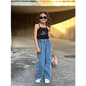 Rolanko Big Girls Baggy Jeans Elastic Wide Leg Stretch Denim Pants Loose Kids Clothes (Colorful Butterfly, 14-16)