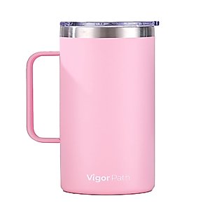 VIGOR PATH 24oz Insulated Coffee Mug with Handle and Sliding Lid - Double Wall Vacuum Stainless Steel Mug for Travel, Office, and Daily Use (Pink)