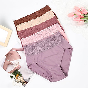 Wealurre Womens Underwear Cotton Bikini Panties for Women High Waisted Lace Hipster Stretch Briefs for Ladies 5 Pack(6005L,Pink Purple)