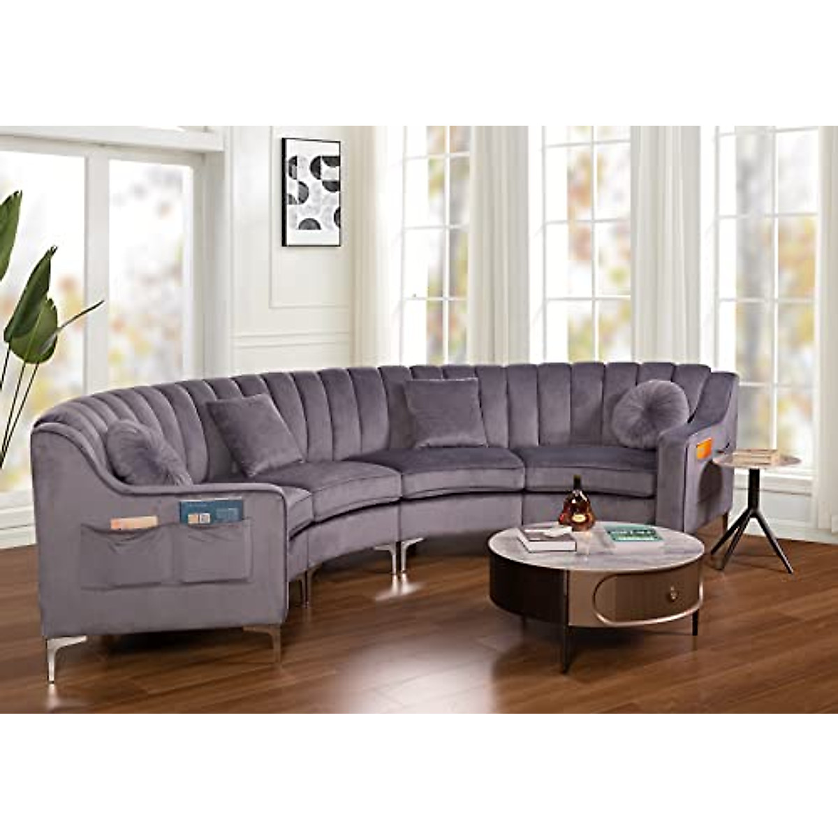 Legend Furniture Velvet Modular sectional Curved Round-Shaped Semi-Circular for Living Room Big Couches Sofas, 142", Grey