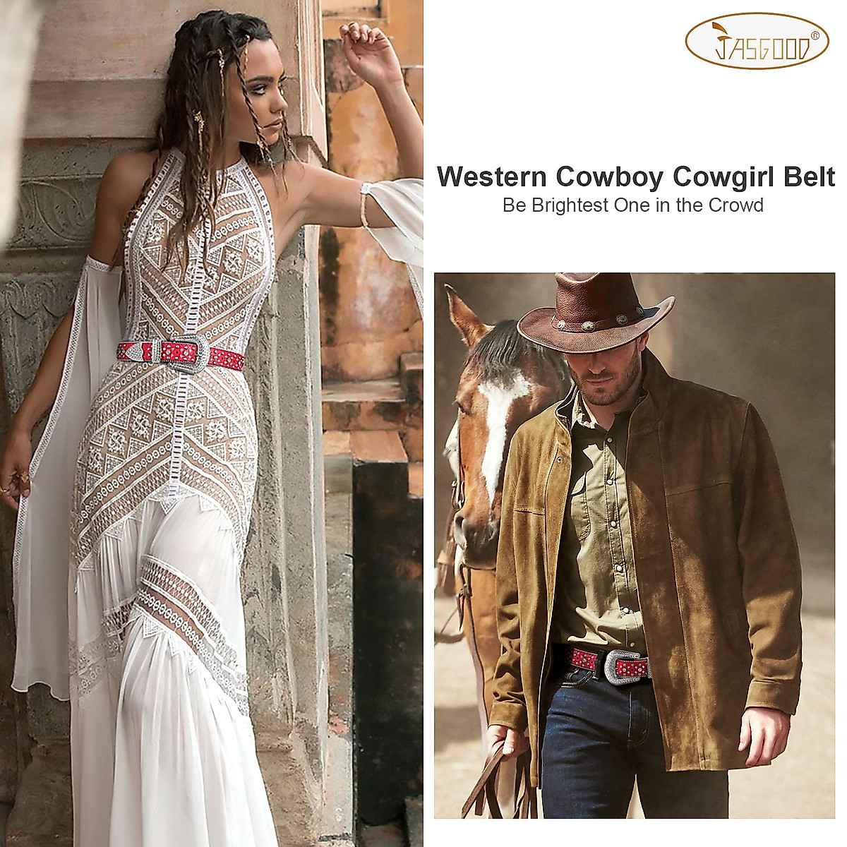 JASGOOD Rhinestone Belt for Women and Men, Western Cowgirl Cowboy Bling Studded Leather Belt Rhinestone Belt for Jeans Pants Dress, C-Red, Suit Pants Size 28”-33”