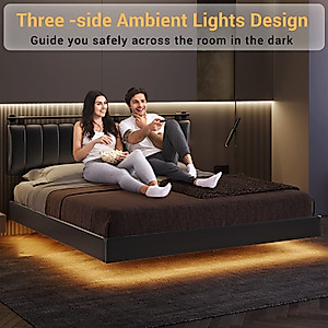 DICTAC Floating King Bed Frame with RGB LED Lights Modern Upholstered King Size Led Bed Frame with Wall Mounted Headboard,No Box Spring Needed,White