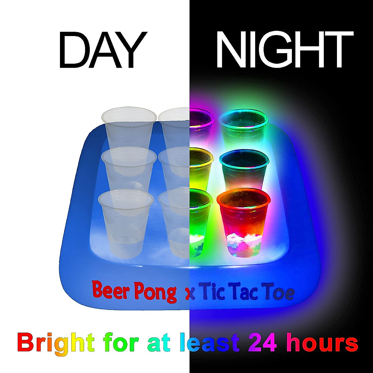 23*23 Inch Glowing Beer Pong Pool Party Rack Tic Tac Toe Floating Rafts, Swimming Pool Pong Party Game Drinking Game and Drink Holder, Includes 1 Rafts 9 Cups and 10 Pong Balls, Flashing Color 1