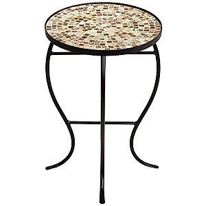 Teal Island Designs Mother of Pearl Modern Black Metal Round Outdoor Accent Side Table 14" Wide Natural Mosaic Tile Tabletop Gracefully Curved Legs for Spaces Porch Patio Home House Balcony Deck