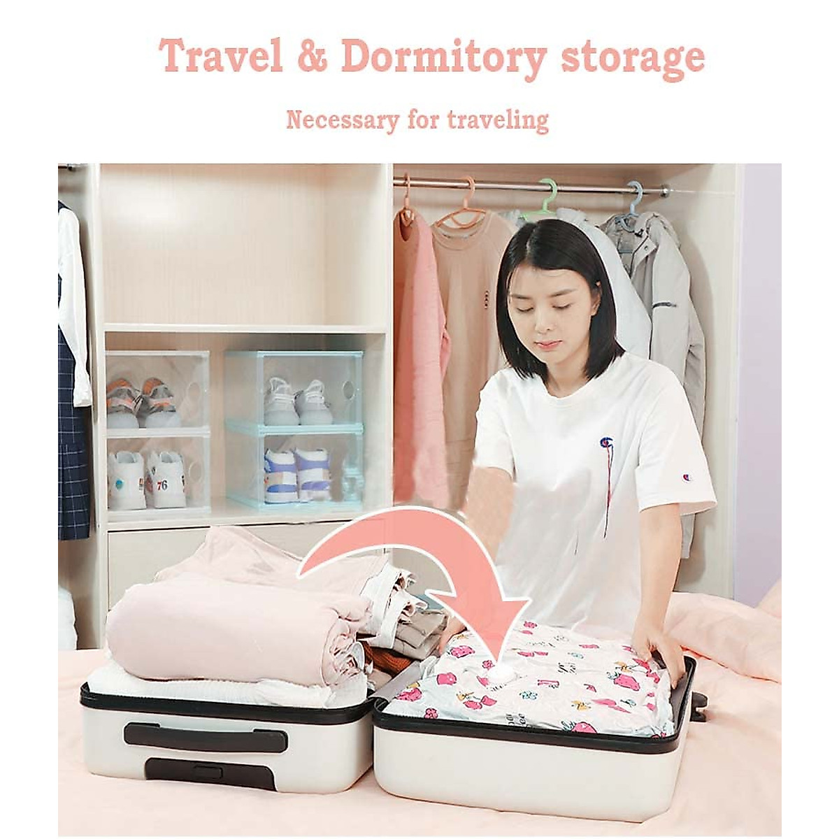 Heaunzy vacuum storage bags,(15PCS, 2 extra large (40"×32"), 3 large(36"×28"), 4 medium(32"×24"), 5 small(28"×20"), 1 air pump),space saver,Japan vacuum seal bags for clothing(pink)