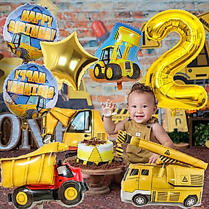 Construction Birthday Party Supplies 2 year Old, 9Pcs Construction Balloons Set with Gold Number 2 Balloons, Large Construction Truck Mylar Foil Balloons Set for Boys 2nd Birthday Party Supplies Decor