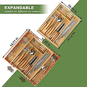 KAHOO Bamboo Kitchen Drawer Organizer, Kitchen Drawer Organizer and Utensil Organizer, Silverware Organizer with Grooved Drawer Dividers for Kitchen Utensil and Flatware Bedroom Office