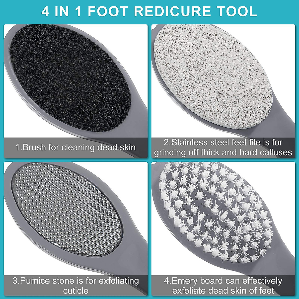 2 Pieces 4 in 1 Pedicure Tool Foot Scrubber Brush Foot File Callus Remover with Foot Rasp, Pumice Stone, Nail Cleaning Brush and Sand Paper for Dry and Wet Foot Care Dead Skin Remover (Gray)