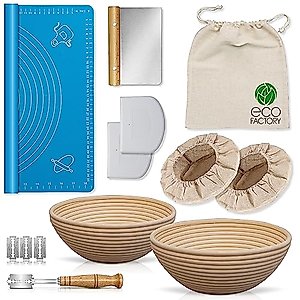 ECO FACTORY Professional Bread Proofing Basket Set of 2-9 inch Round Baskets - Sourdough Bread Making Kit - 100% Natural Indonesian Rattan - Stainless Steel Accessories - Designed in Switzerland