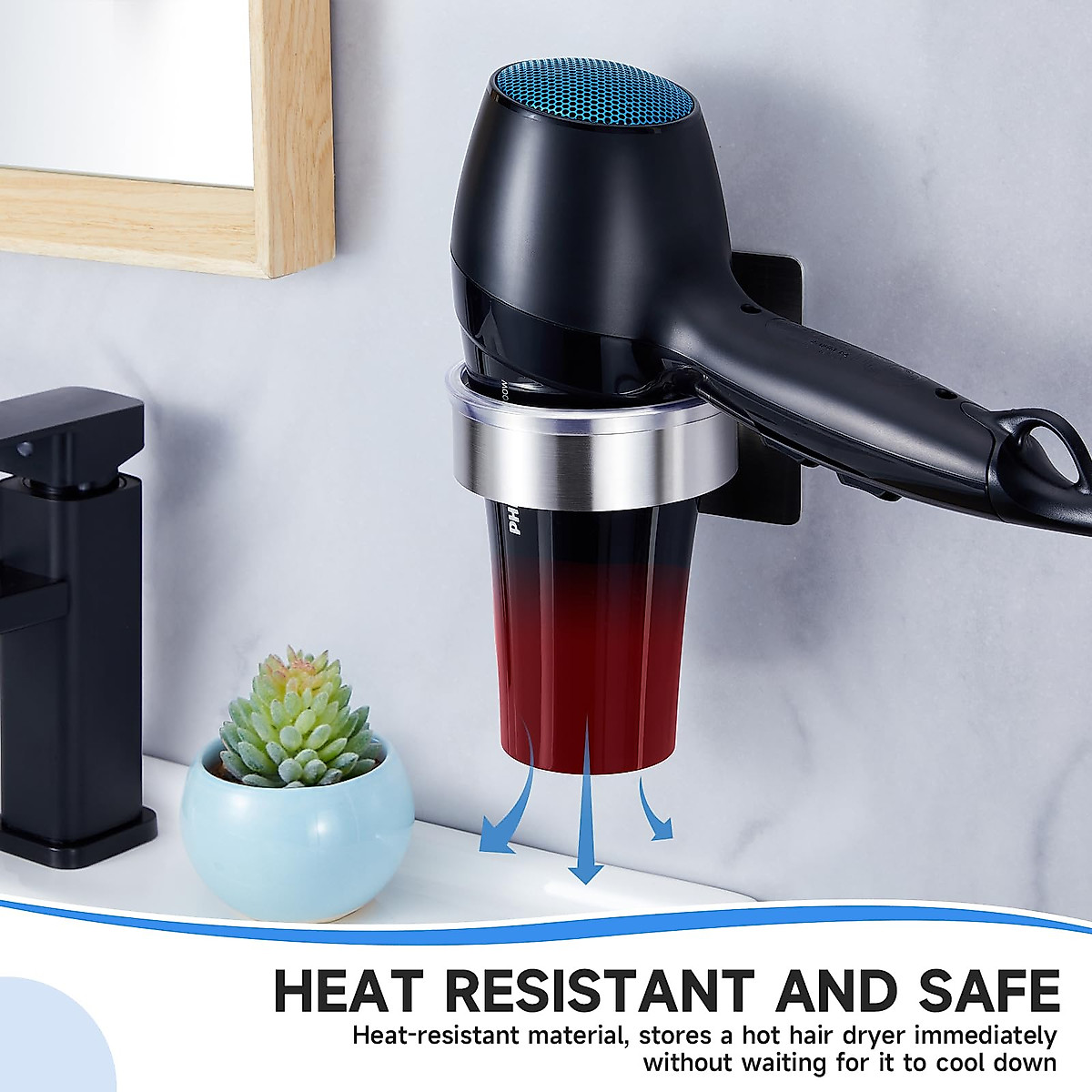 XILIMEN Hair Dryer Holder Wall Mounted, Bathroom Blow Dryer Holder, Stainless Steel Hair Blow Dryer Rack Organizer, Adhesive Hairdryer Holder for Bathroom Barber Shops, Hair Dryer Storage