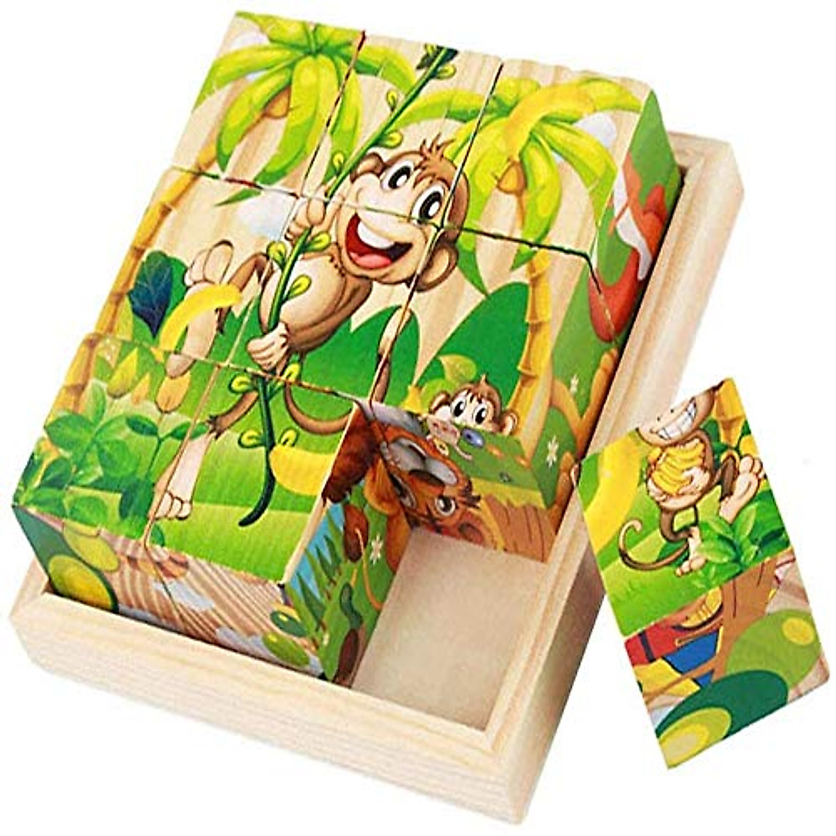 elecnewell Wooden Cube Puzzle with Storage Tray - 6 Puzzles in 1 (9 pcs)