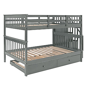 Full Over Full Bunk Beds with Stairs and Trundle Wood Bunk Bed Frame with Staircase and Storage Shelves for Kids Teens Adult, Detachable Stairway Bunkbed for Boys Girls, Gray