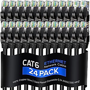 Maximm Cat 6 Ethernet Cable 15 Ft, 100% Pure Copper, Cat6 Cable (24 Pack) LAN Cable, Internet Cable, Patch Cable and Network Cable - UTP (Black) 15 Feet