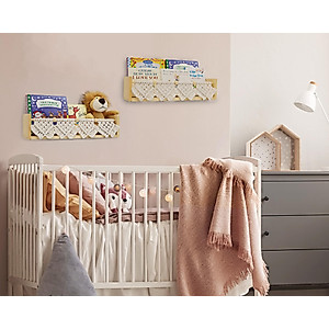 Boho Floating Shelves for Wall 2 Pack, Macrame Kids Bookshelf for Nursery Toddler Bedroom Classroom, Wood Hanging Book Shelf Storage Organizer for Room Decor