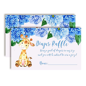 Amanda Creation Watercolor Dahlia Floral Giraffe Diaper Raffle Tickets for Boy Baby Showers, 20 2" X 3” Double Sided Insert Cards for Games, Bring a Pack of Diapers to Win Favors & Prizes!
