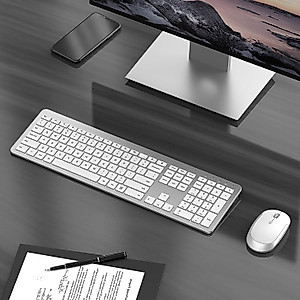 Full Size Slim Thin Wireless Keyboard and Mouse Combo with Numeric Keypad with On/Off Switch - White & Silver