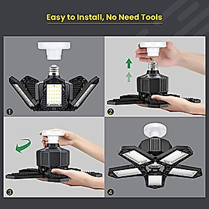 LED Garage Lights, 100W UDIYO Deformable Garage Ceiling Light with 5 Adjustable LED Panels, 6000LM E26/E27 Basement Lights, Fits for Garage, Warehouse, Barn, Workshop and Yard