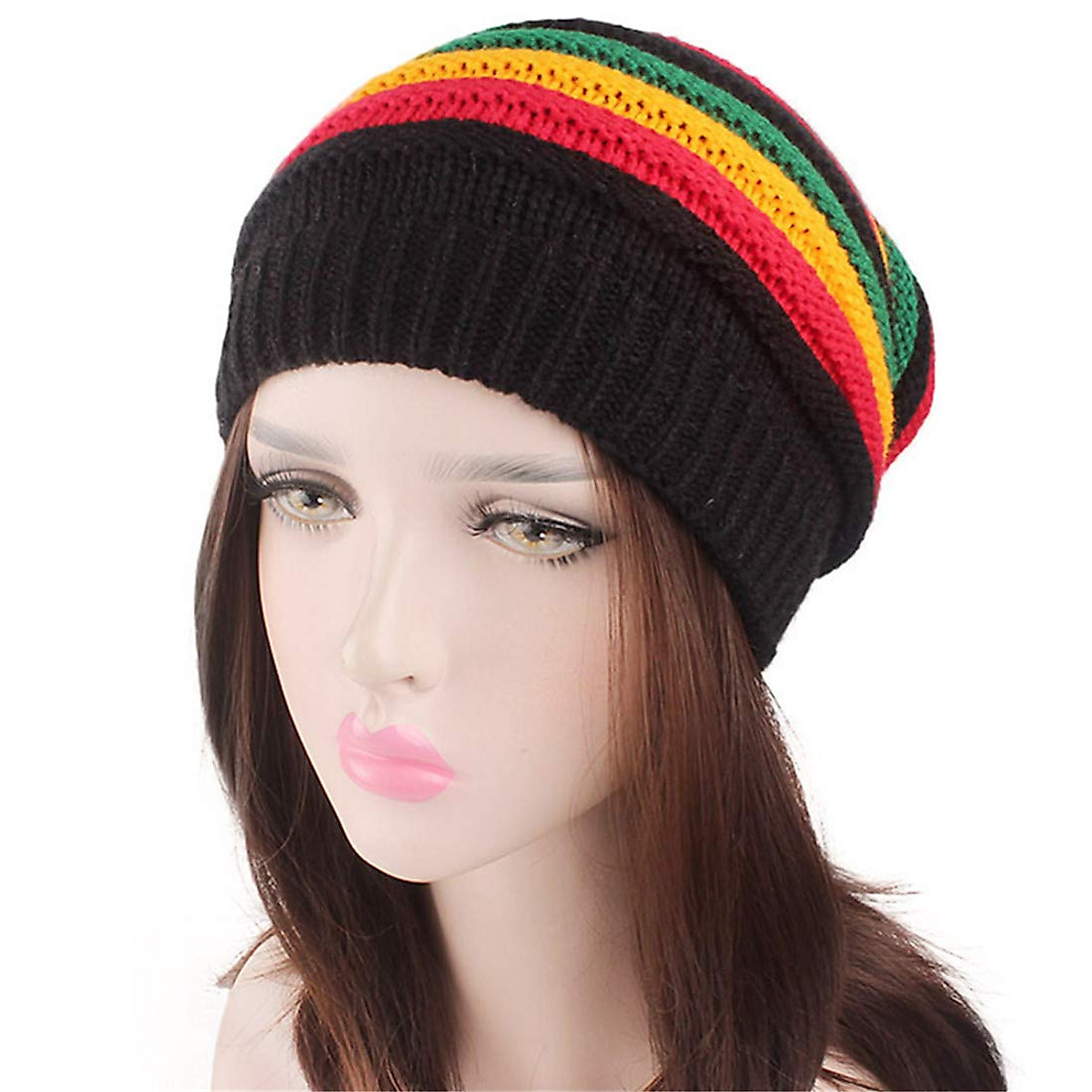 Qhome Fashion Jamaican Reggae Cap Multi-Colour Striped Rasta Hat Slouchy Baggie Beanie Skullies Gorro Rasta Women