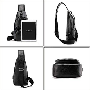QICHUANG Men Sling Bag Leather Unbalance Chest Shoulder Bags Casual Crossbody Bag Gift for Men (black)