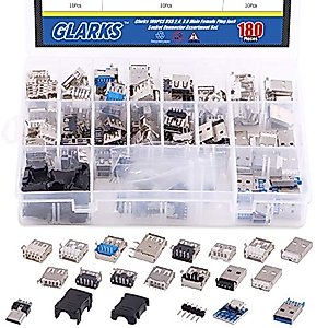 Glarks 180Pcs Micro Sockets USB 2.0 3.0 Type A Male Female Plug Connector Jack Solder USB Repair Replacement Adapter Assortment Set