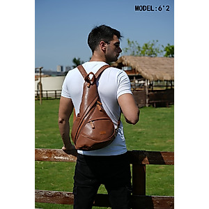 Baosha Leather Sling Bag Small Crossbody Backpack Casual Daypack Outdoor Cycling Hiking Backpack XB-10 (Brown)