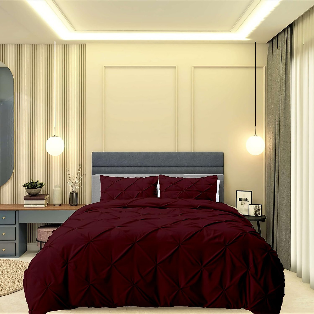 EGYLIN Pinch Pleated Pintuck Duvet Cover 3 Piece Set with Zipper Closure. Luxuriously Soft 100% Cotton with Textured Pintuck Pleats and Corner Ties (Oversized Queen (100x100),Wine)