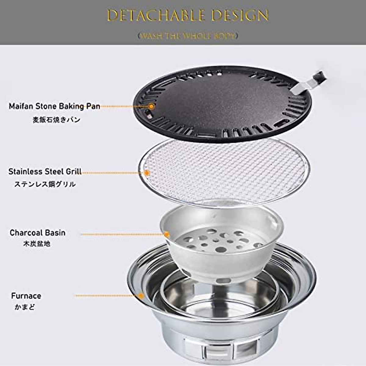 WGLAWL Charcoal Grills, Portable Household Korean Non-Stick Barbecue BBQ Grill Stove, Tabletop Smoker Charcoal Grill for Courtyard Camping Picnic Hiking Traveling Beach BBQ (Color : Silver)
