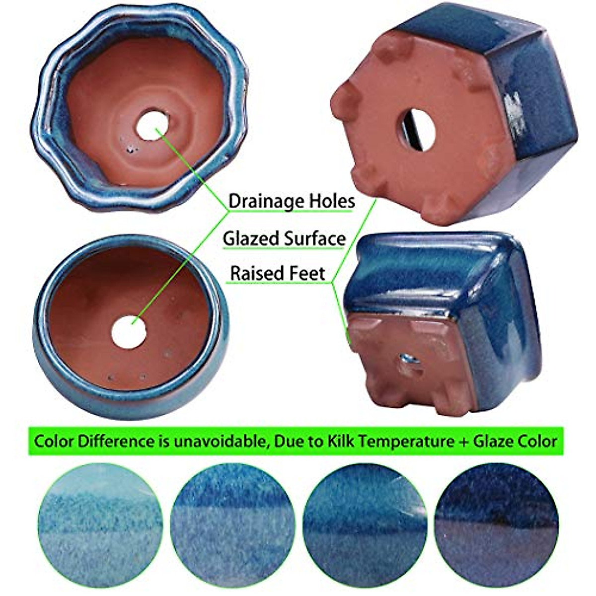 MUZHI 6PACK Glazed Bonsai Pot Planter 3" 4” Small Succulent Pots, Yixing Zisha Decorative Mame Bonsai Training Pot or Small Flower Cactus Starter Growing Planters Containers Blue