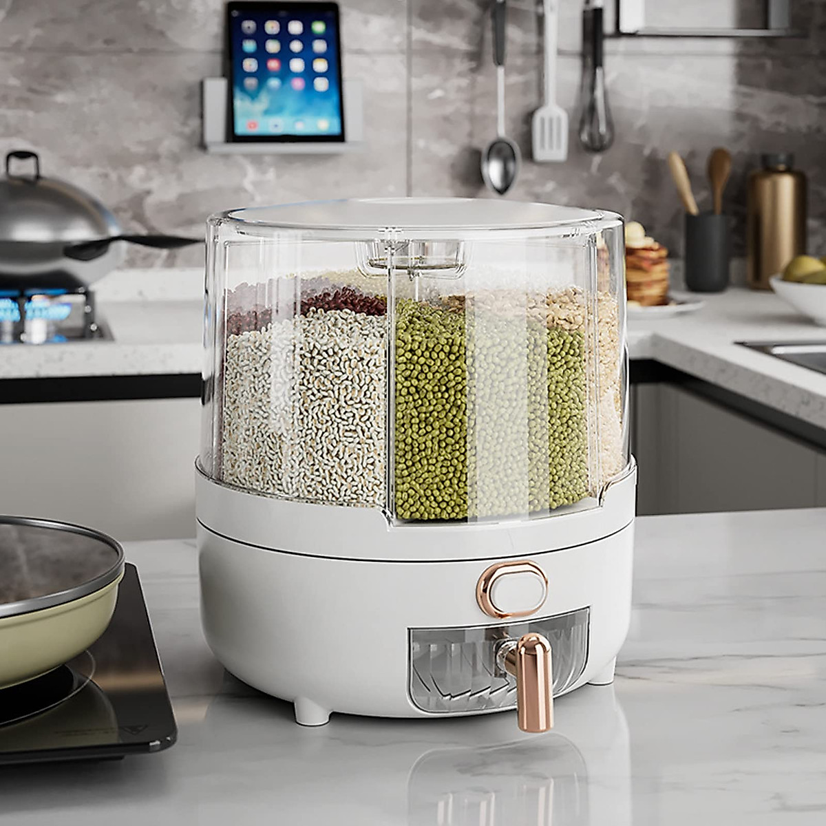 Rice Grain Storage Container, 360 Rotating Grain Storage, Clear Food Dispenser with Drainage Cup, Large Capacity Dry Food Storage Bin, Cereal Dispenser with Measuring Cylinder for Kitchen(Small Size)