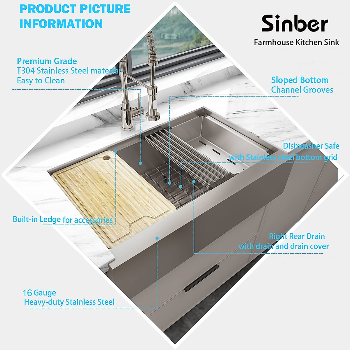 Sinber 33" x 20" x 10" Farmhouse Apron Single Bowl Workstation Kitchen Sink with 16 Gauge 304 Stainless Steel Satin Finish 6 Accessories KSS0005S-OK