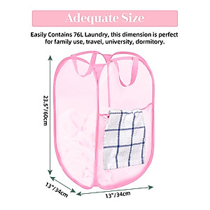 Durable Collapsible Laundry Baskets - Reinforced Mesh Pop Up Laundry Hamper with Side Pocket, Foldable Clothes Storage Hamper with Carry Handles for Laundry, Bathroom, Kids Room, Dorm or Travel Pink