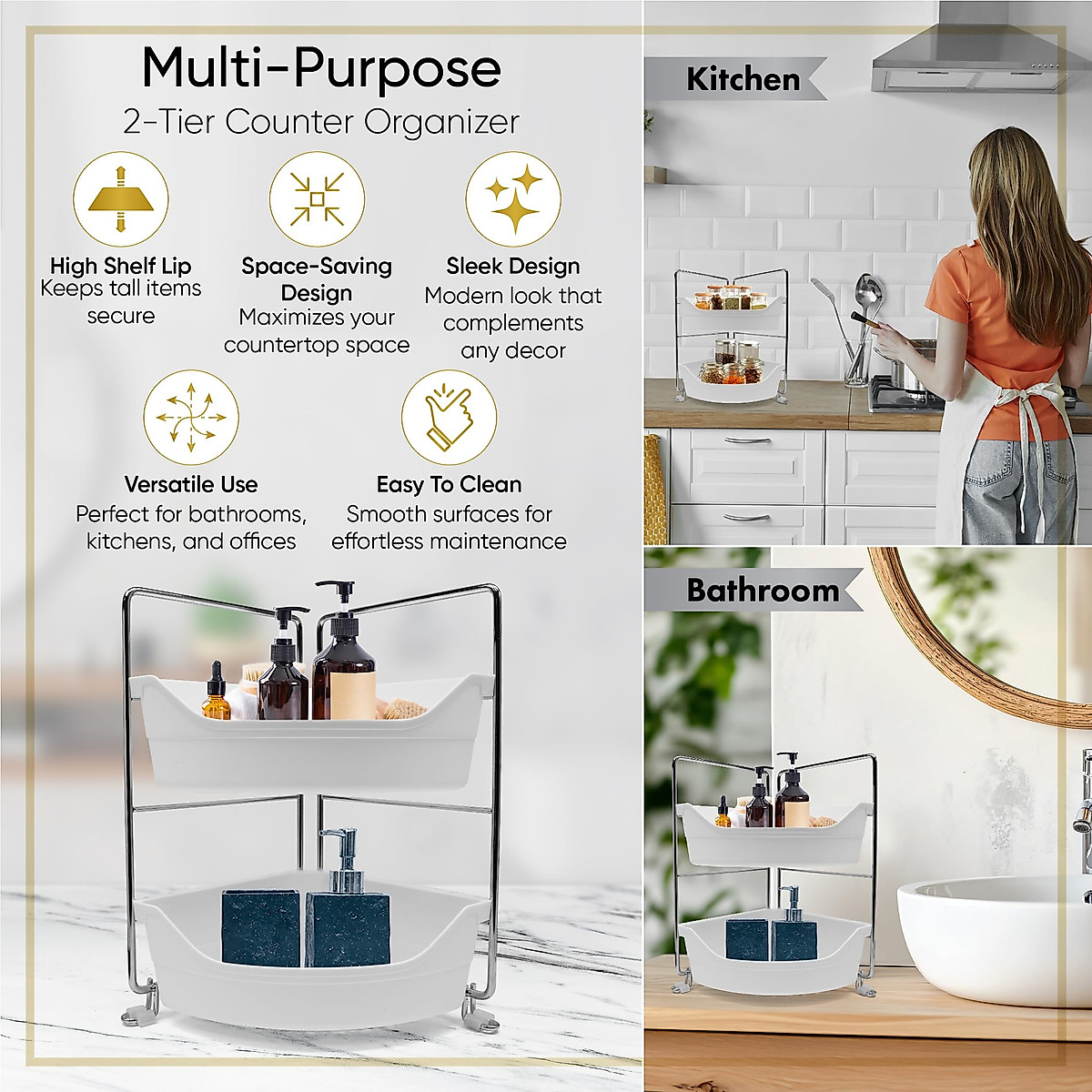 Davalos Quality Essentials Bathroom Organizers and Storage Countertop - 2 Tier Counter Corner Shelf, Skincare Organizer, Multi-Tier Bathroom and Kitchen Storage - White