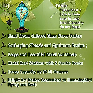 LUJII Hummingbird Feeder, Hand Blown Glass Hummingbird Feeder, Never Fade, 36 Fluid Ounces, 5 Feeding Metal Stations, Much Bigger, Garden Backyard Decorative, Containing Ant Moat (Blue)