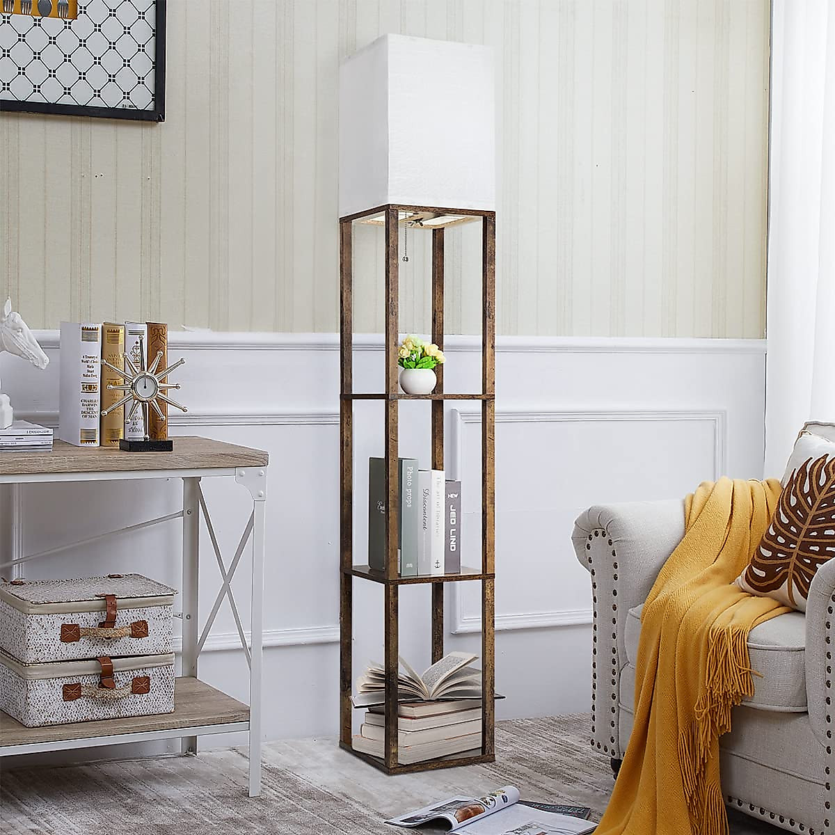 Dott Arts Floor Lamp with Shelves, 3 Color Temperature LED Bulb, Wood Texture, Storage, Brown